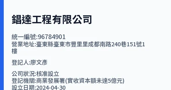 錩達工程有限公司的照片-統編 96784901(臺東縣) 公司登記資料與營業項目詳細圖表