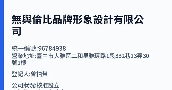 無與倫比品牌形象設計有限公司的照片-統編 96784938(臺中市) 公司登記資料與營業項目詳細圖表