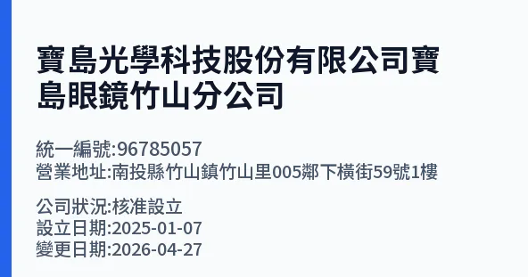 寶島光學科技股份有限公司寶島眼鏡竹山分公司的照片-統編 96785057(南投縣) 公司登記資料與營業項目詳細圖表
