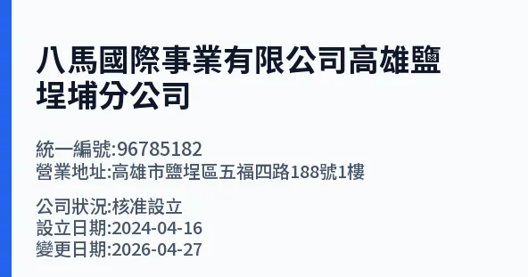 八馬國際事業有限公司高雄鹽埕埔分公司的照片-統編 96785182(高雄市) 公司登記資料與營業項目詳細圖表