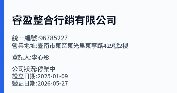 睿盈整合行銷有限公司的照片-統編 96785227(臺南市) 公司登記資料與營業項目詳細圖表