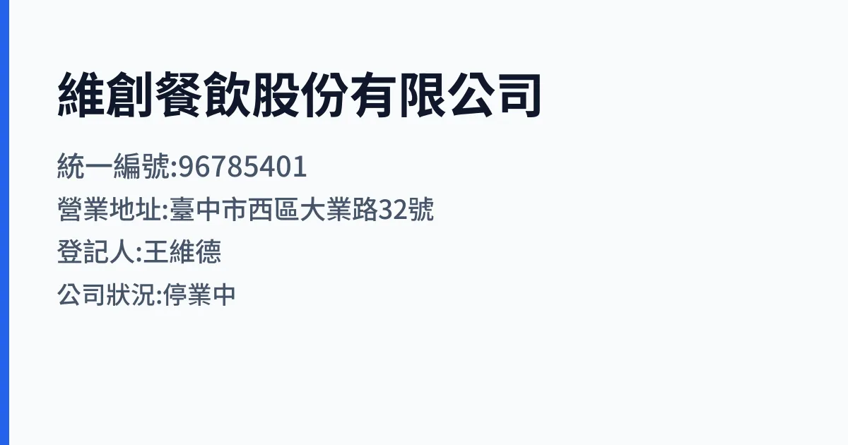 維創餐飲股份有限公司 - 統編 96785401(臺中市) 公司登記資料與營業項目詳細圖表