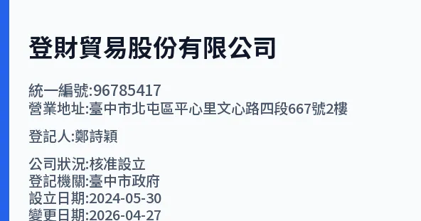 登財貿易股份有限公司的照片-統編 96785417(臺中市) 公司登記資料與營業項目詳細圖表