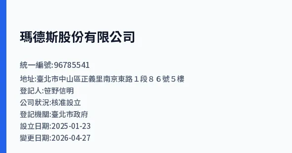 瑪德斯股份有限公司的照片-統編 96785541(臺北市) 公司登記資料與營業項目詳細圖表
