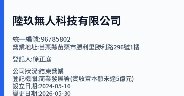 陸玖無人科技有限公司的照片-統編 96785802(苗栗縣) 公司登記資料與營業項目詳細圖表