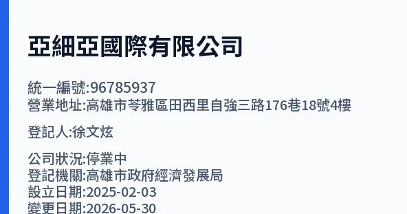 亞細亞國際有限公司的照片-統編 96785937(高雄市) 公司登記資料與營業項目詳細圖表