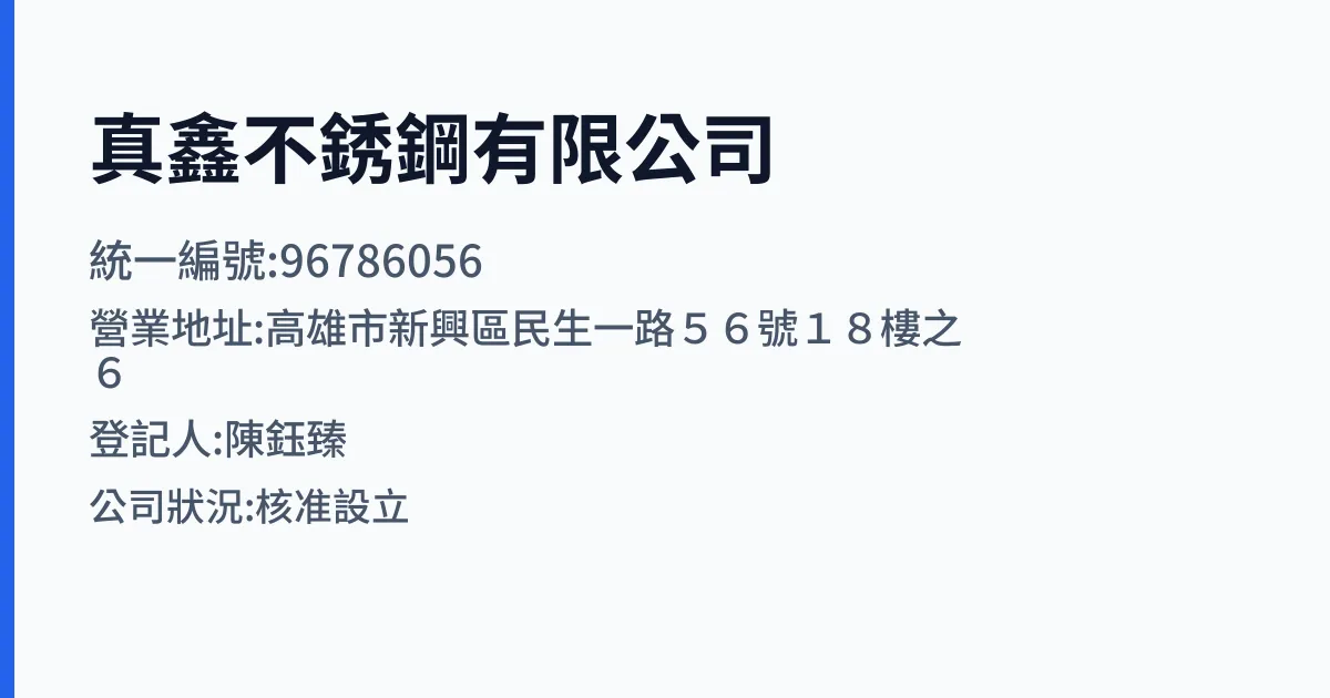 真鑫不銹鋼有限公司 - 統編 96786056(高雄市) 公司登記資料與營業項目詳細圖表