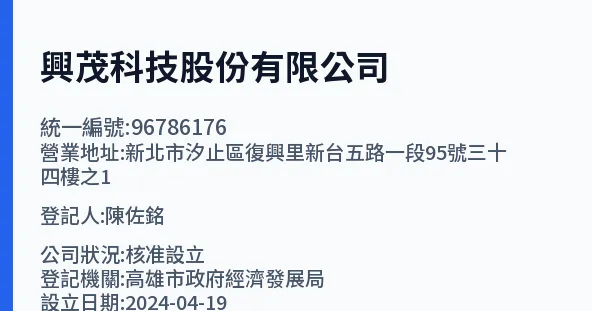 興茂科技股份有限公司的照片-統編 96786176(新北市) 公司登記資料與營業項目詳細圖表
