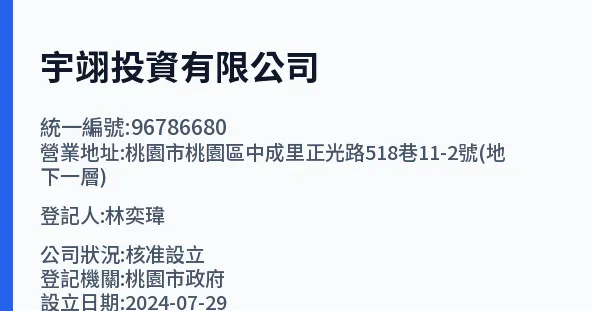 宇翊投資有限公司的照片-統編 96786680(桃園市) 公司登記資料與營業項目詳細圖表