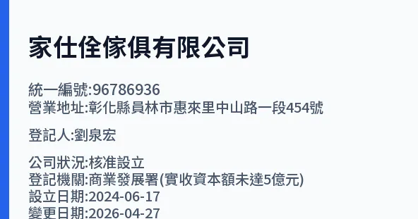 家仕佺傢俱有限公司的照片-統編 96786936(彰化縣) 公司登記資料與營業項目詳細圖表