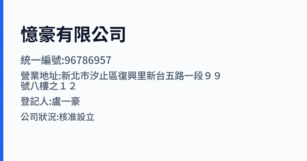 憶豪有限公司 - 統編 96786957(新北市) 公司登記資料與營業項目詳細圖表