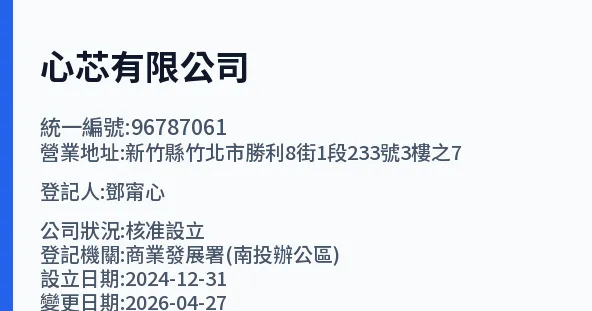 心芯有限公司的照片-統編 96787061(新竹縣) 公司登記資料與營業項目詳細圖表