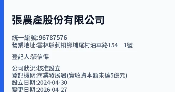張農產股份有限公司的照片-統編 96787576(雲林縣) 公司登記資料與營業項目詳細圖表
