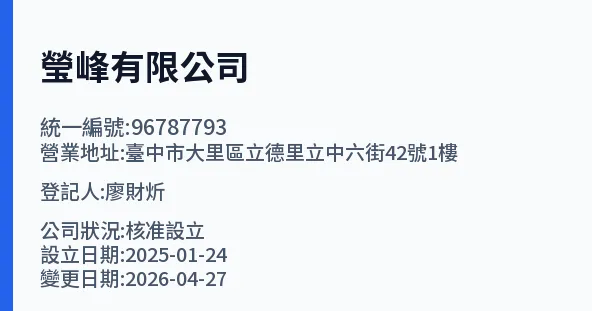 瑩峰有限公司的照片-統編 96787793(臺中市) 公司登記資料與營業項目詳細圖表