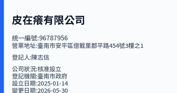 皮在癢有限公司的照片-統編 96787956(臺南市) 公司登記資料與營業項目詳細圖表