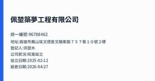 佩堃築夢工程有限公司的照片-統編 96788462(高雄市) 公司登記資料與營業項目詳細圖表