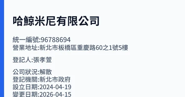 哈鯨米尼有限公司的照片-統編 96788694(新北市) 公司登記資料與營業項目詳細圖表