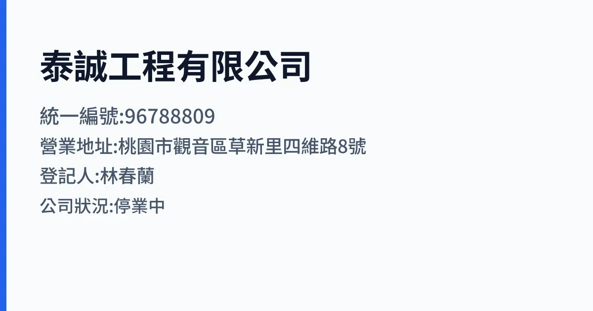 泰誠工程有限公司 - 統編 96788809(桃園市) 公司登記資料與營業項目詳細圖表