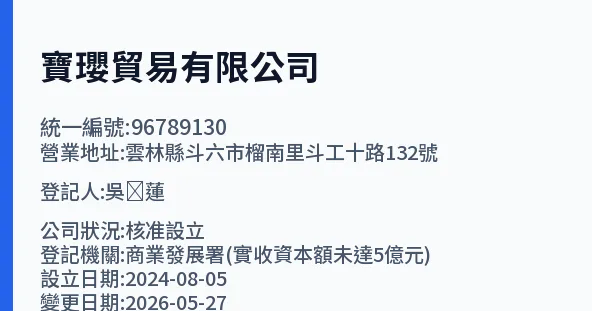 寶瓔貿易有限公司的照片-統編 96789130(雲林縣) 公司登記資料與營業項目詳細圖表