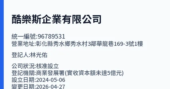 酷樂斯企業有限公司的照片-統編 96789531(彰化縣) 公司登記資料與營業項目詳細圖表