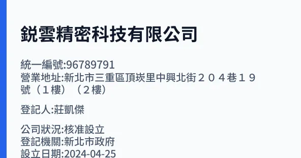 鋭雲精密科技有限公司的照片-統編 96789791(新北市) 公司登記資料與營業項目詳細圖表