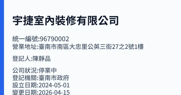宇捷室內裝修有限公司的照片-統編 96790002(臺南市) 公司登記資料與營業項目詳細圖表