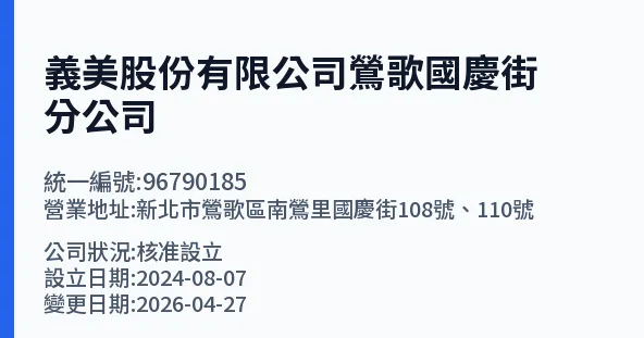 義美股份有限公司鶯歌國慶街分公司的照片-統編 96790185(新北市) 公司登記資料與營業項目詳細圖表