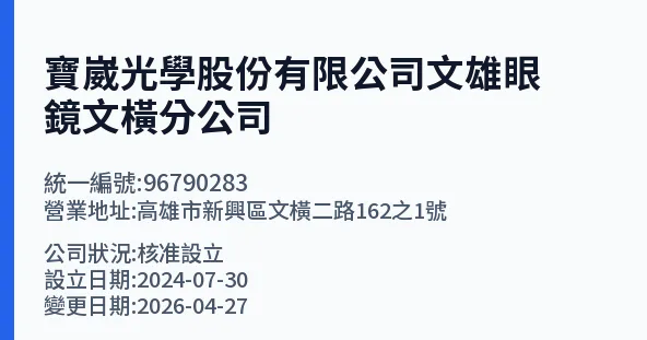 寶崴光學股份有限公司文雄眼鏡文橫分公司的照片-統編 96790283(高雄市) 公司登記資料與營業項目詳細圖表