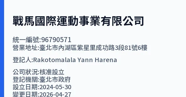 戰馬國際運動事業有限公司的照片-統編 96790571(臺北市) 公司登記資料與營業項目詳細圖表