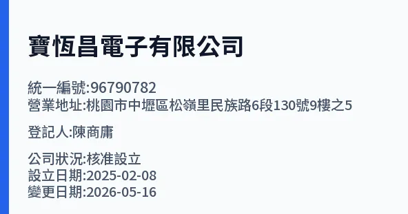 寶恆昌電子有限公司的照片-統編 96790782(桃園市) 公司登記資料與營業項目詳細圖表