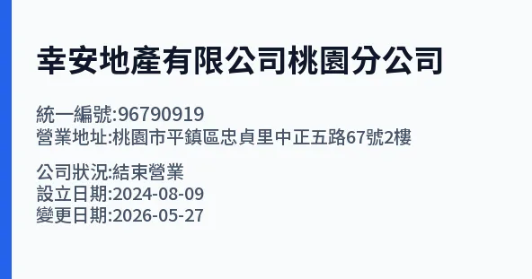 幸安地產有限公司桃園分公司的照片-統編 96790919(桃園市) 公司登記資料與營業項目詳細圖表