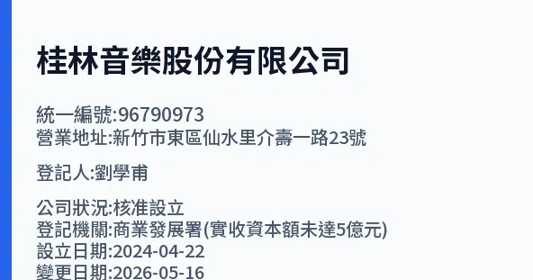 桂林音樂股份有限公司的照片-統編 96790973(新竹市) 公司登記資料與營業項目詳細圖表