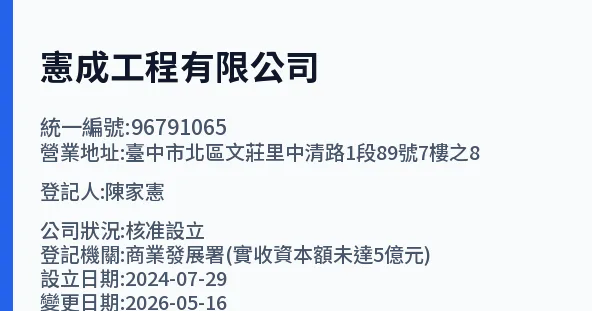 憲成工程有限公司的照片-統編 96791065(臺中市) 公司登記資料與營業項目詳細圖表