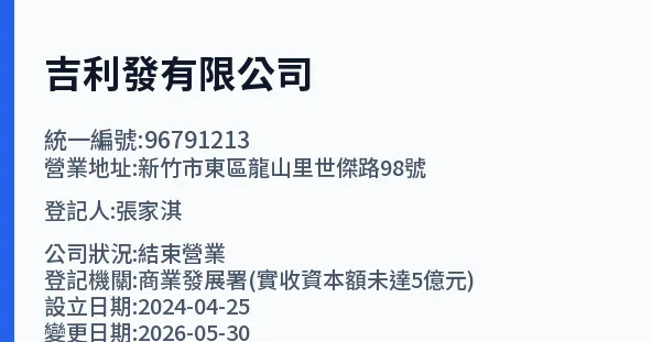 吉利發有限公司的照片-統編 96791213(新竹市) 公司登記資料與營業項目詳細圖表