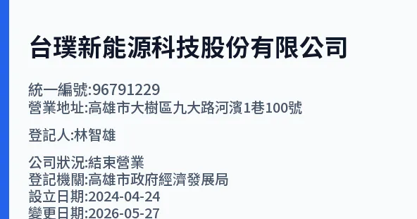 台璞新能源科技股份有限公司的照片-統編 96791229(高雄市) 公司登記資料與營業項目詳細圖表