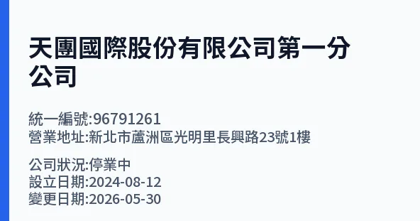天團國際股份有限公司第一分公司的照片-統編 96791261(新北市) 公司登記資料與營業項目詳細圖表