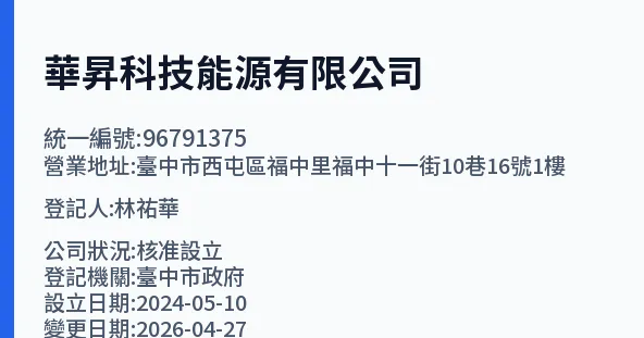 華昇科技能源有限公司的照片-統編 96791375(臺中市) 公司登記資料與營業項目詳細圖表