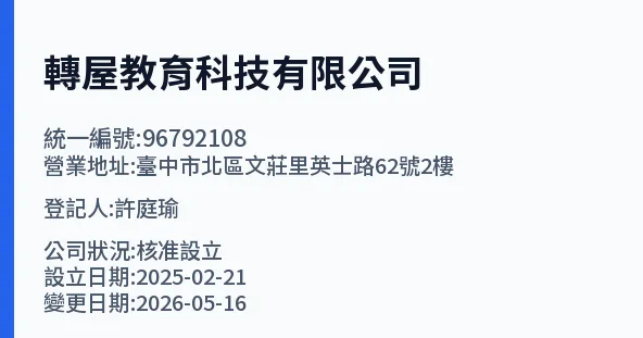 轉屋教育科技有限公司的照片-統編 96792108(臺中市) 公司登記資料與營業項目詳細圖表