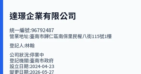 達璟企業有限公司的照片-統編 96792487(臺南市) 公司登記資料與營業項目詳細圖表