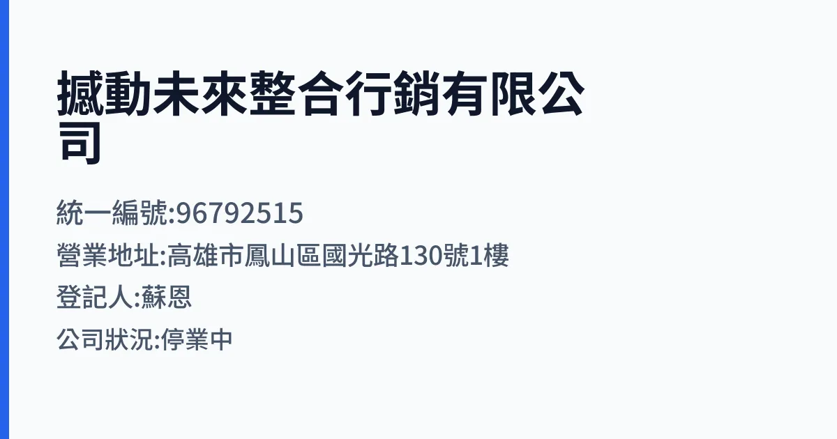 撼動未來整合行銷有限公司 - 統編 96792515(高雄市) 公司登記資料與營業項目詳細圖表