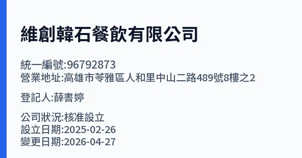 維創韓石餐飲有限公司的照片-統編 96792873(高雄市) 公司登記資料與營業項目詳細圖表