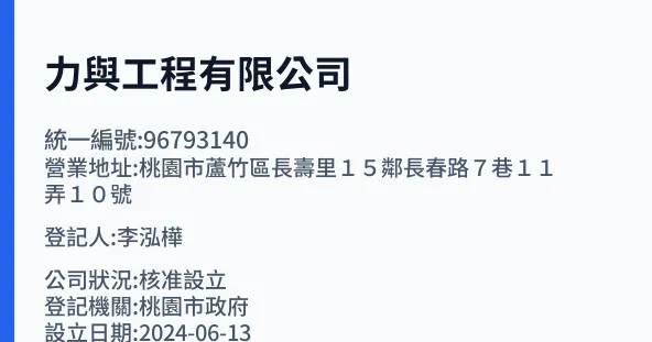 力與工程有限公司的照片-統編 96793140(桃園市) 公司登記資料與營業項目詳細圖表