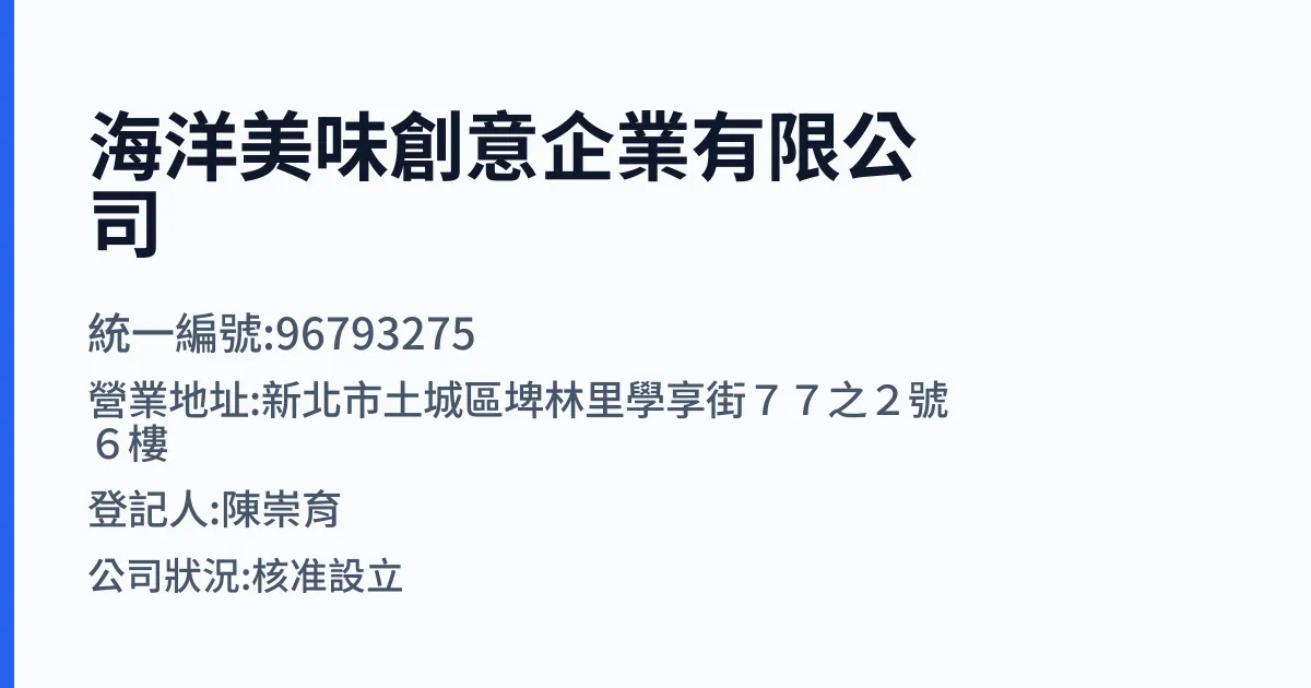 海洋美味創意企業有限公司 - 統編 96793275 (新北市) 公司登記資料與營業項目詳細圖表