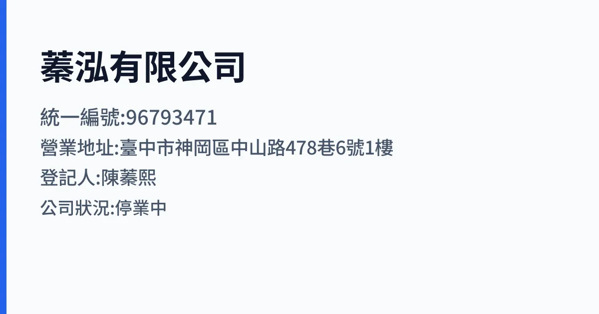 蓁泓有限公司 - 統編 96793471(臺中市) 公司登記資料與營業項目詳細圖表