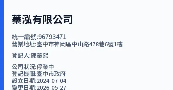 蓁泓有限公司的照片-統編 96793471(臺中市) 公司登記資料與營業項目詳細圖表