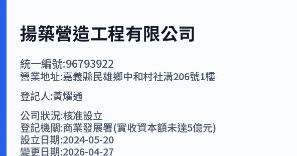 揚築營造工程有限公司的照片-統編 96793922(嘉義縣) 公司登記資料與營業項目詳細圖表