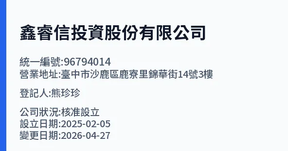 鑫睿信投資股份有限公司的照片-統編 96794014(臺中市) 公司登記資料與營業項目詳細圖表