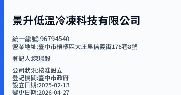景升低溫冷凍科技有限公司的照片-統編 96794540(臺中市) 公司登記資料與營業項目詳細圖表