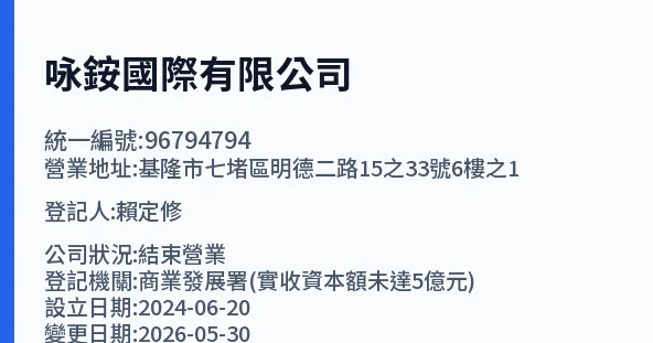 咏銨國際有限公司的照片-統編 96794794(基隆市) 公司登記資料與營業項目詳細圖表