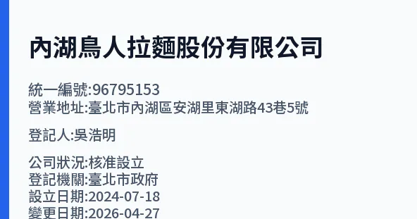 內湖鳥人拉麵股份有限公司的照片-統編 96795153(臺北市) 公司登記資料與營業項目詳細圖表